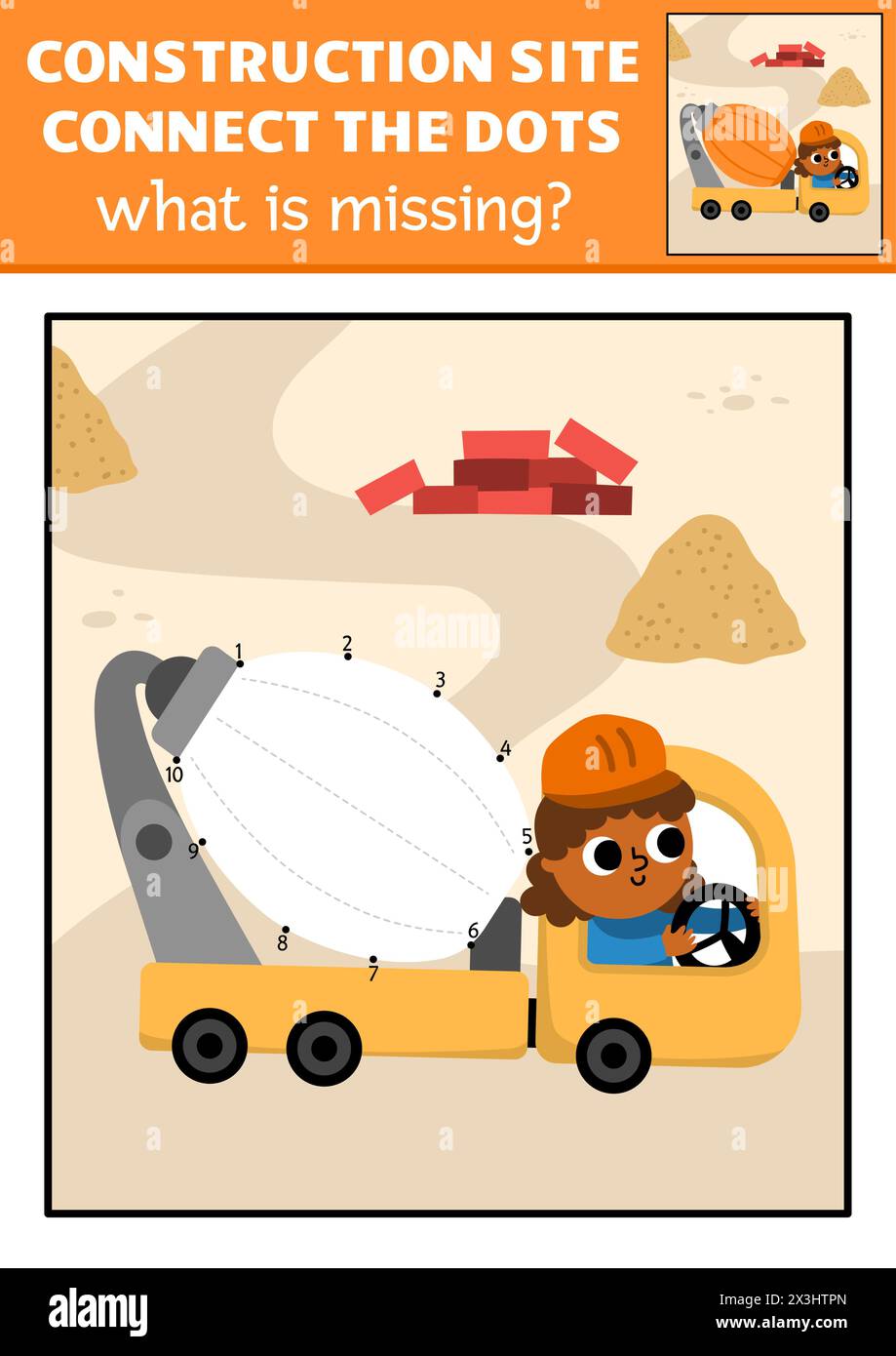 Vector dot-to-dot and color activity with concrete mixer, colored ...
