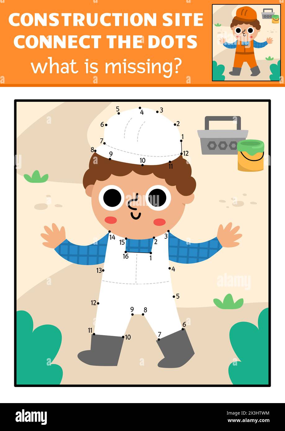 Vector dot-to-dot and color activity with worker uniform, colored ...