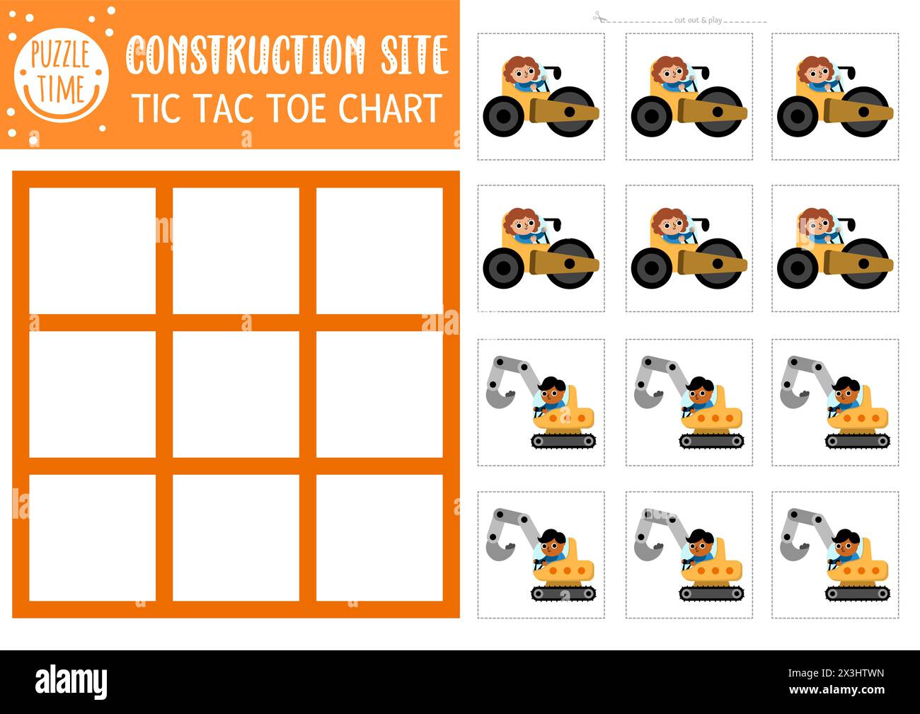 Vector construction site tic tac toe chart with road roller and ...