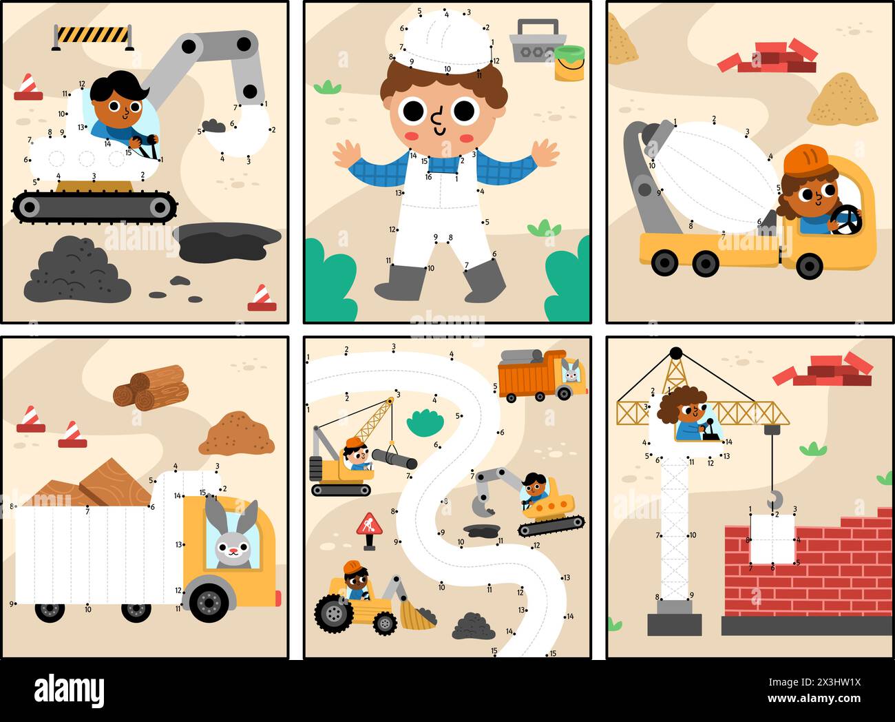 Vector dot-to-dot and color activity set with colored construction site ...