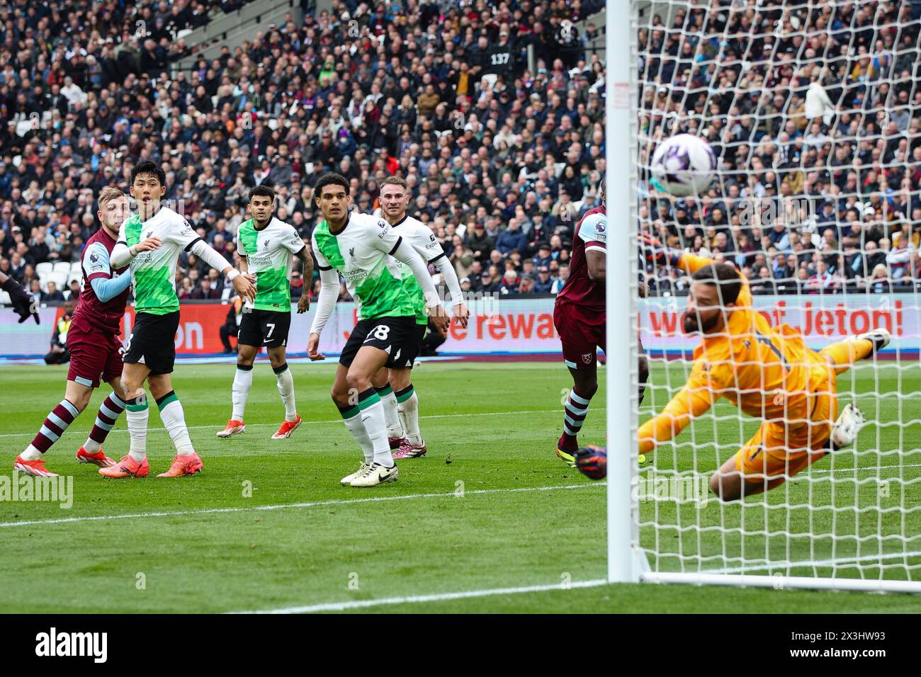 LONDON, UK - 27th Apr 2024: Jarrod Bowen of West Ham United scores the ...