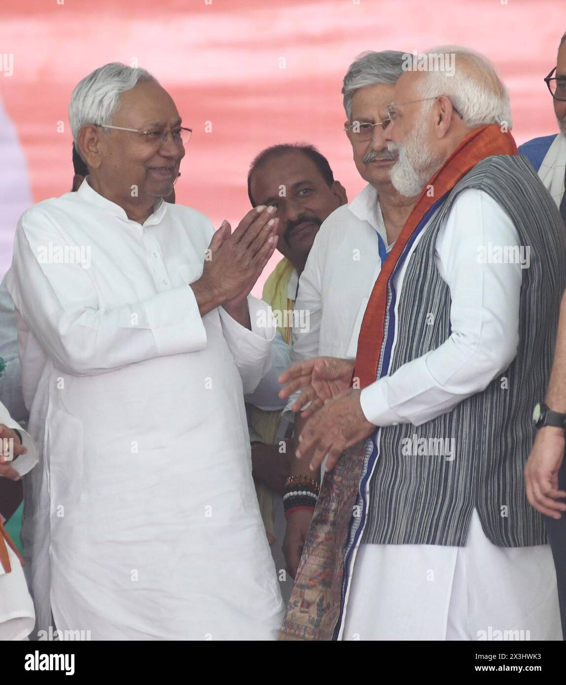 MUNGER, INDIA - APRIL 26: Prime Minister Narendra Modi seen along Nitish Kumar, Chief Minister ...