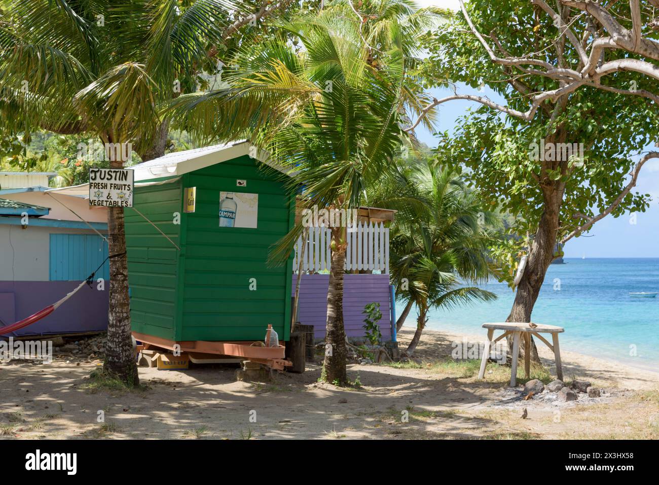 Painted wooden beach hut on Lower Bay beach, Lower Bay. Bequia Island ...