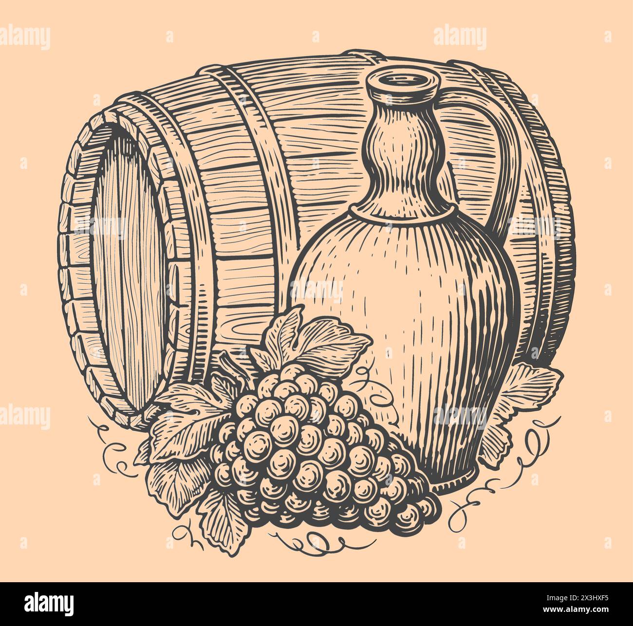 Wine drink concept. Jug, bunch of grapes and wooden barrel. Vintage ...