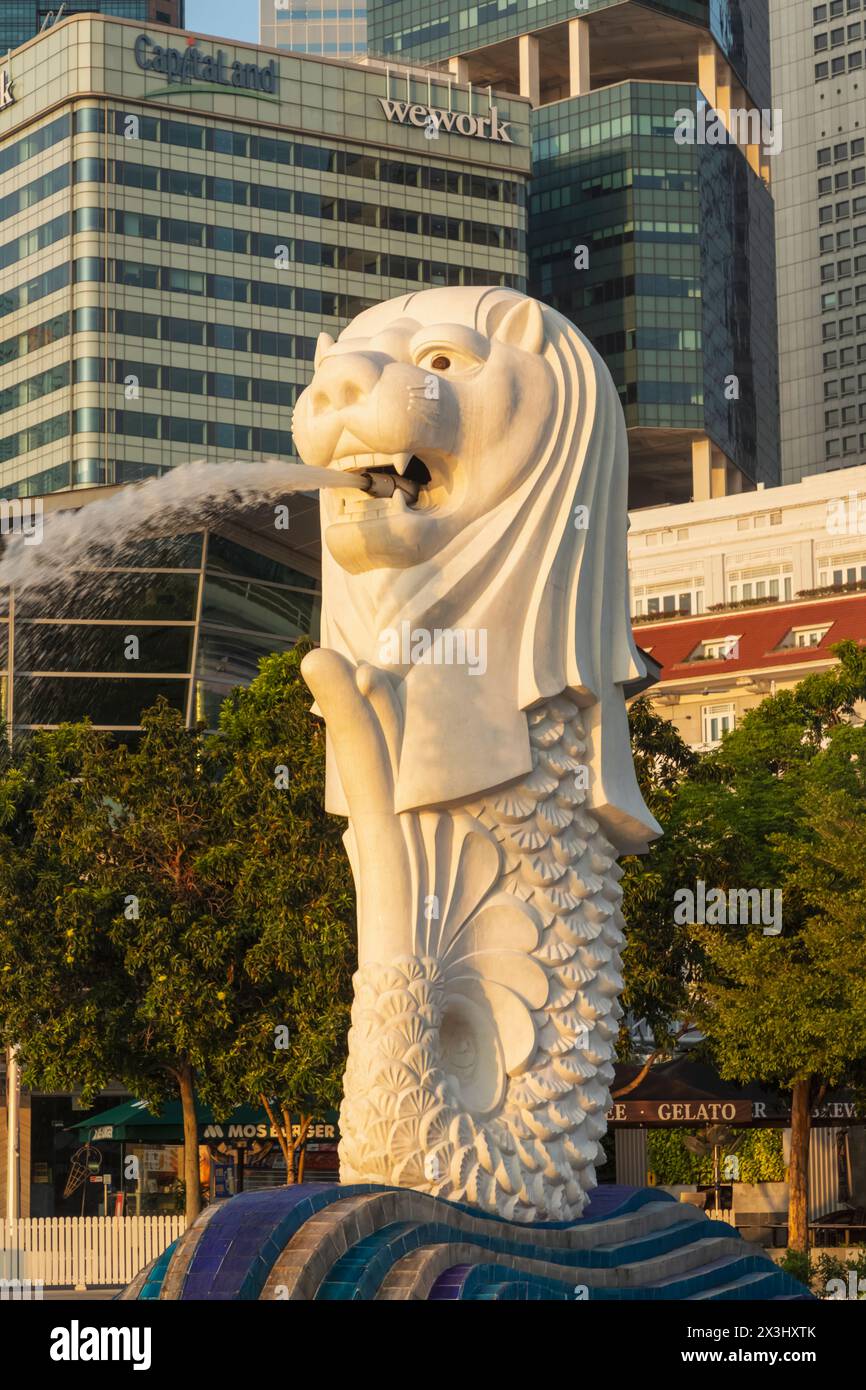 Asia, Singapore, Head of the Merlion Statue and City Skyline Asia ...