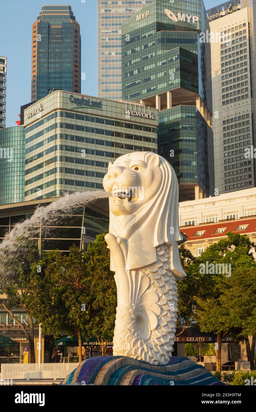 Asia, Singapore, Head of the Merlion Statue and City Skyline Asia ...
