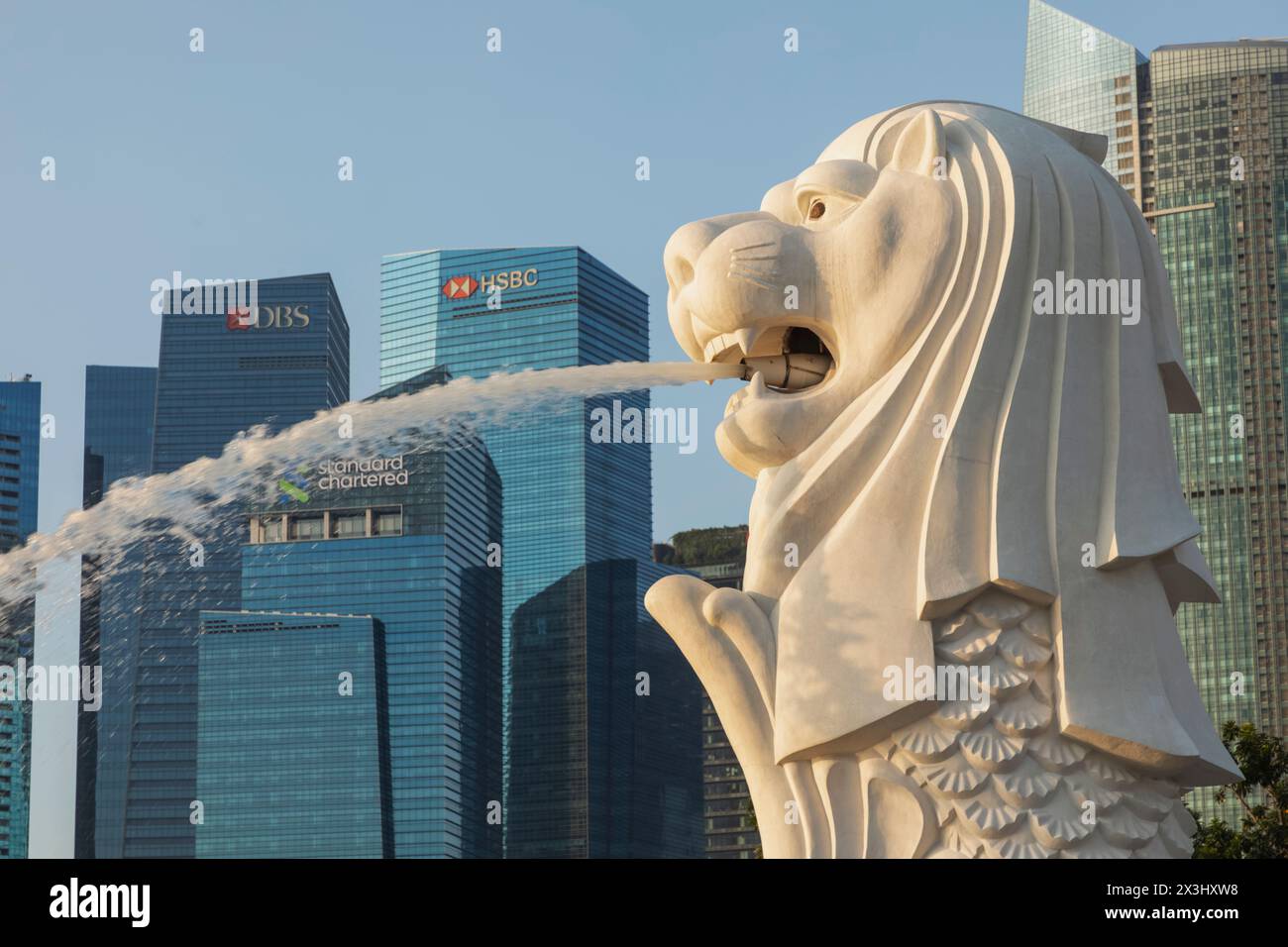 Asia, Singapore, Head of the Merlion Statue and City Skyline Asia ...