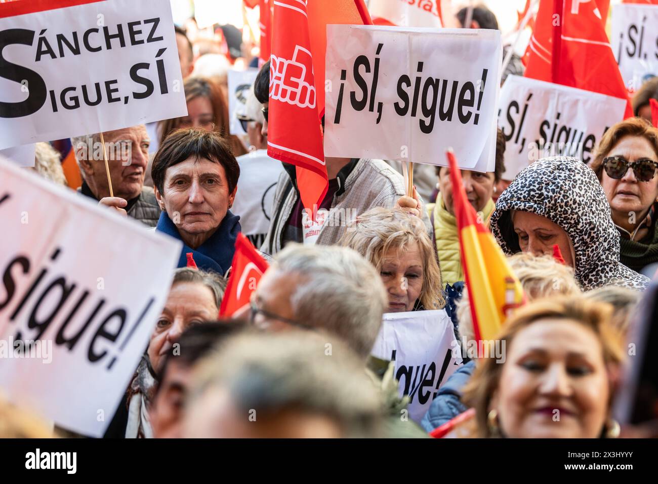 Madrid, Spain. 27th Apr, 2024. Supporters carrying placards and waving ...