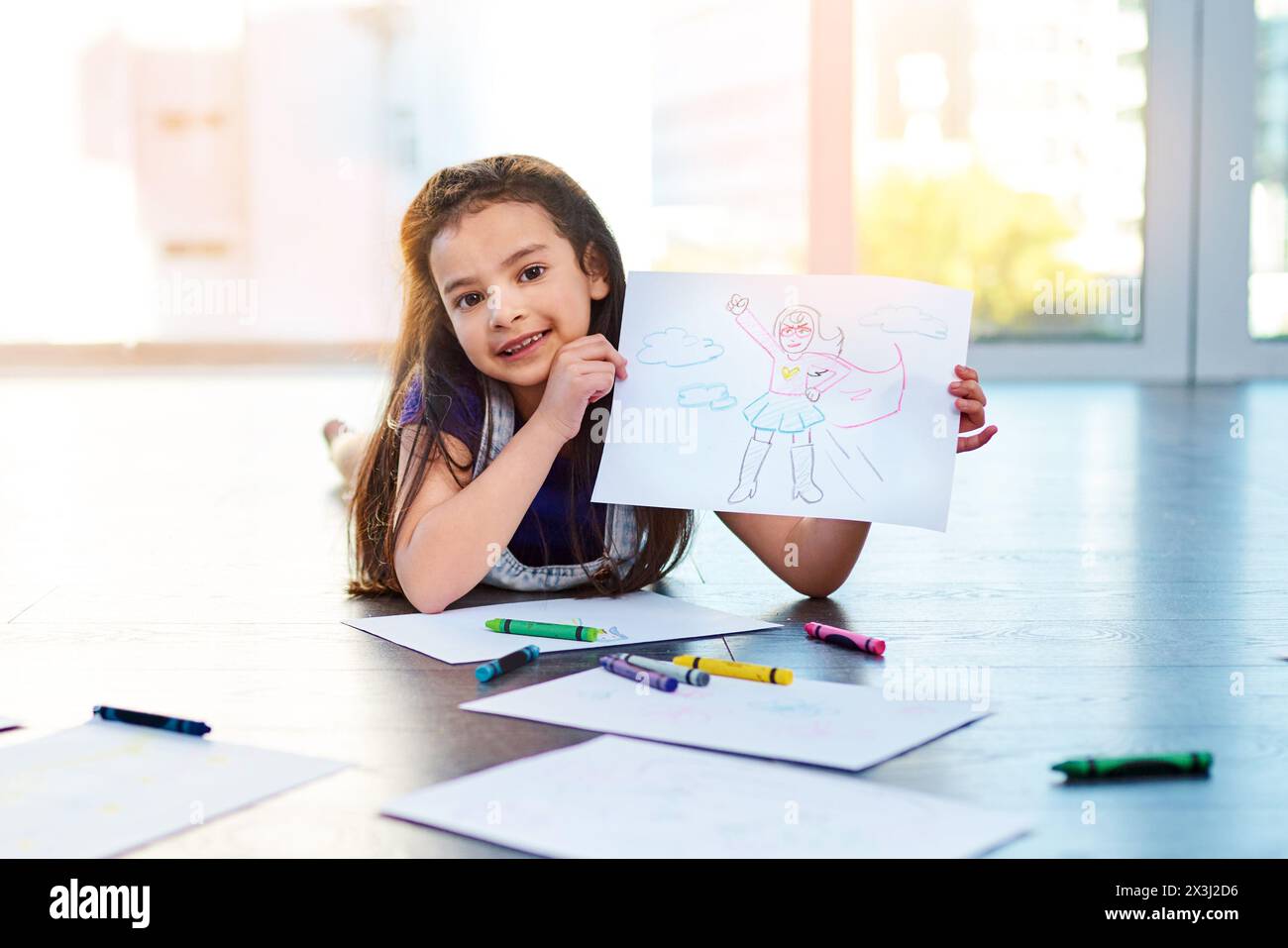 Female child, picture and drawing on floor in house with color pencil ...