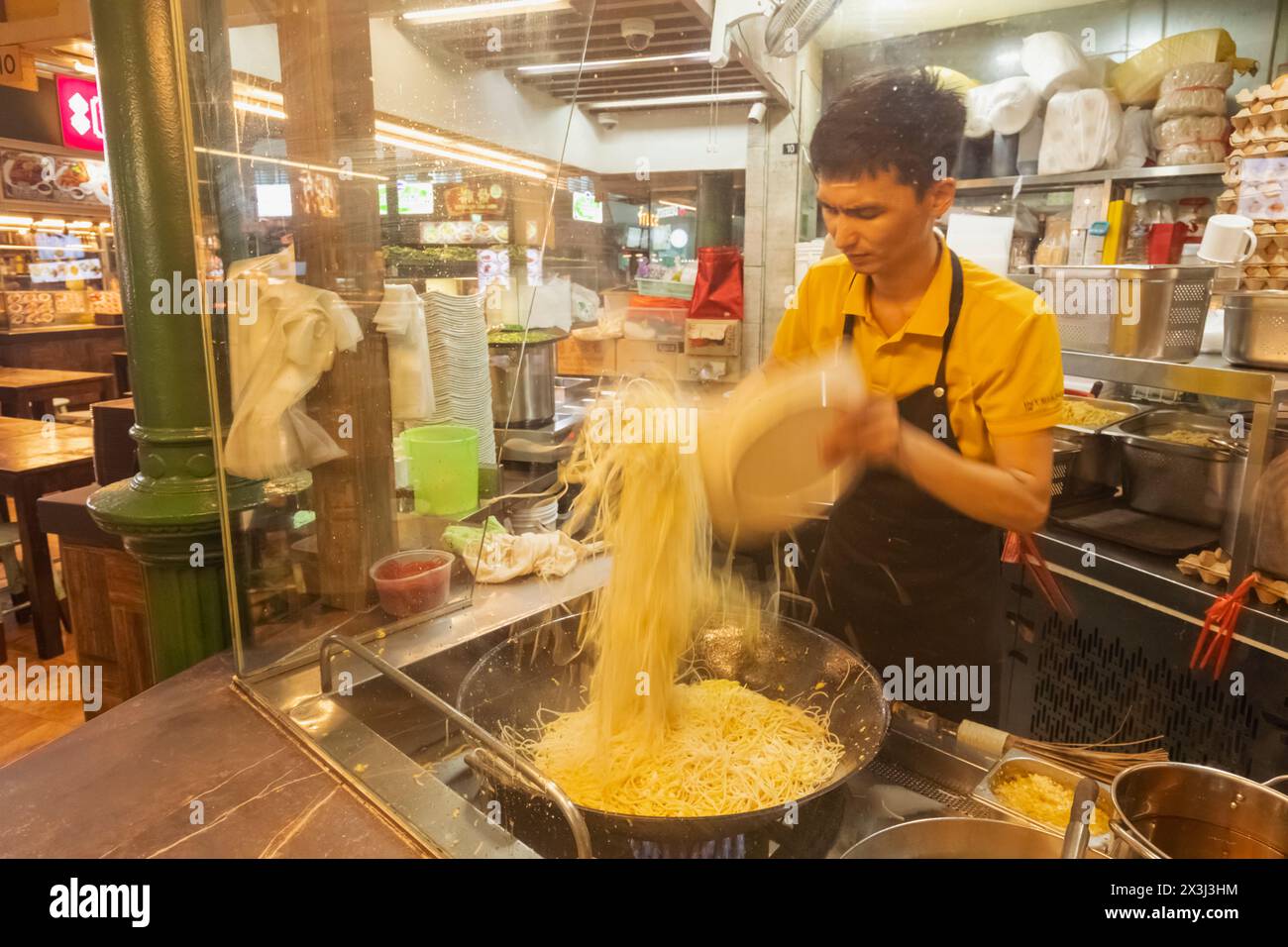 Asia, Singapore, Lau Pa Sat Food Market, Man Cooking Noodles Stock ...