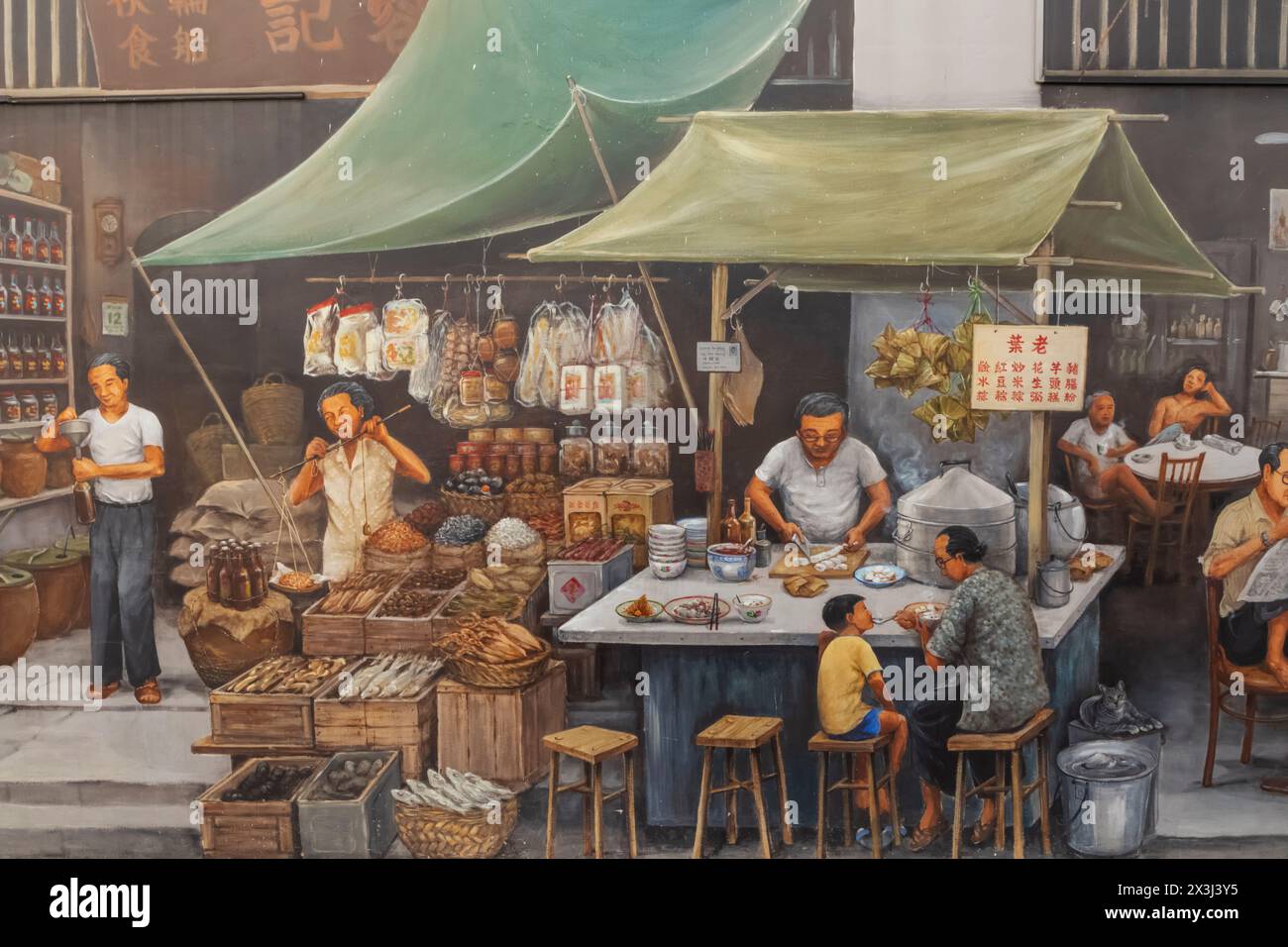 Asia, Singapore, Chinatown, Wall Mural depicting Historic Chinatown ...