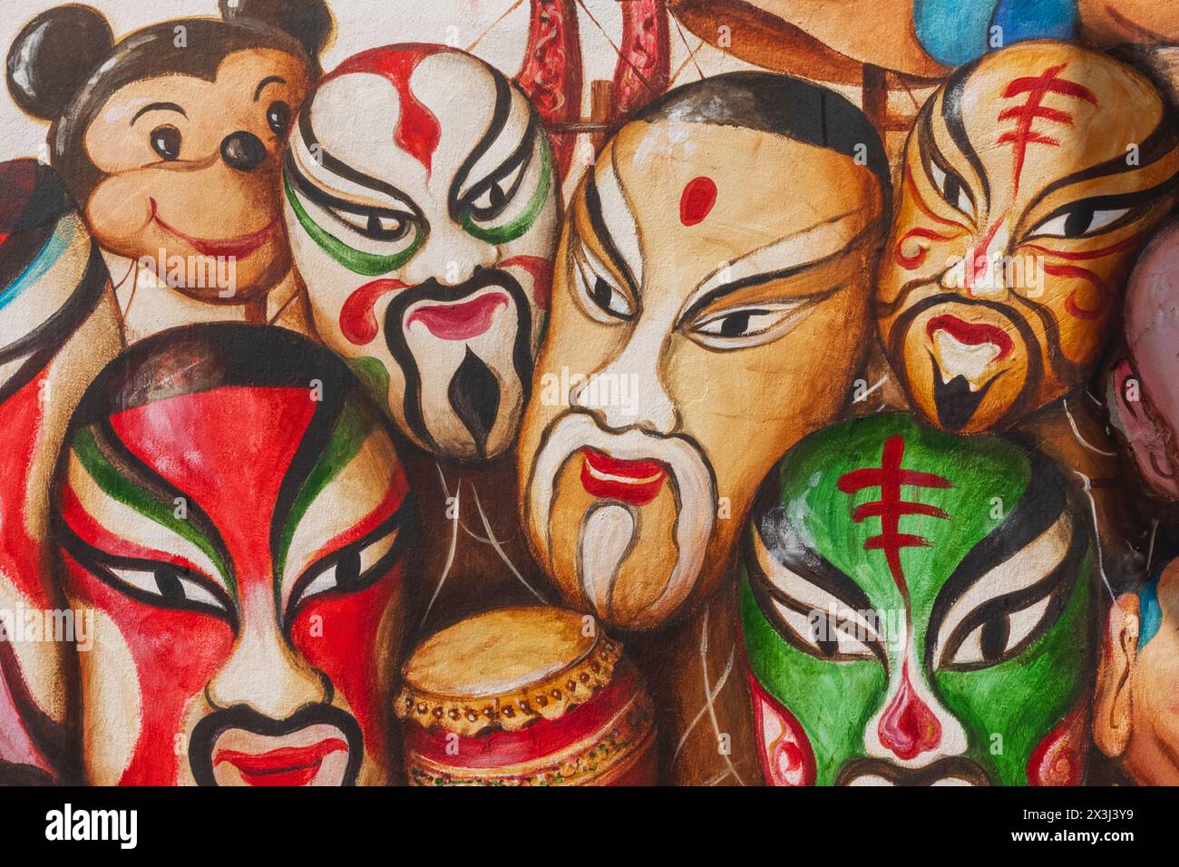Asia, Singapore, Chinatown, Wall Mural depicting Chinese Masks Stock ...