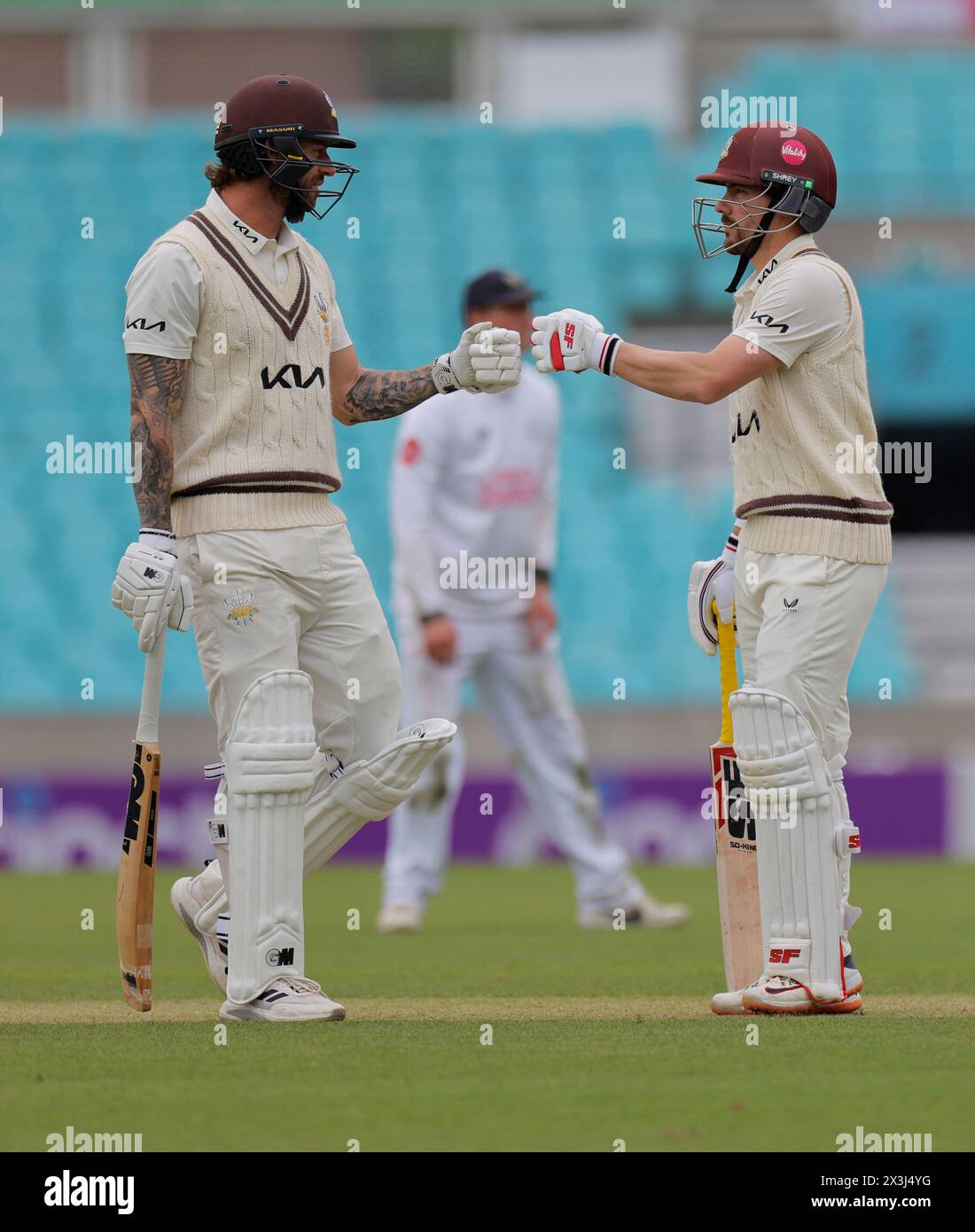 London. 27th Apr 2024. Rory Burns (17 Surrey Captain) and Jordan Clark ...