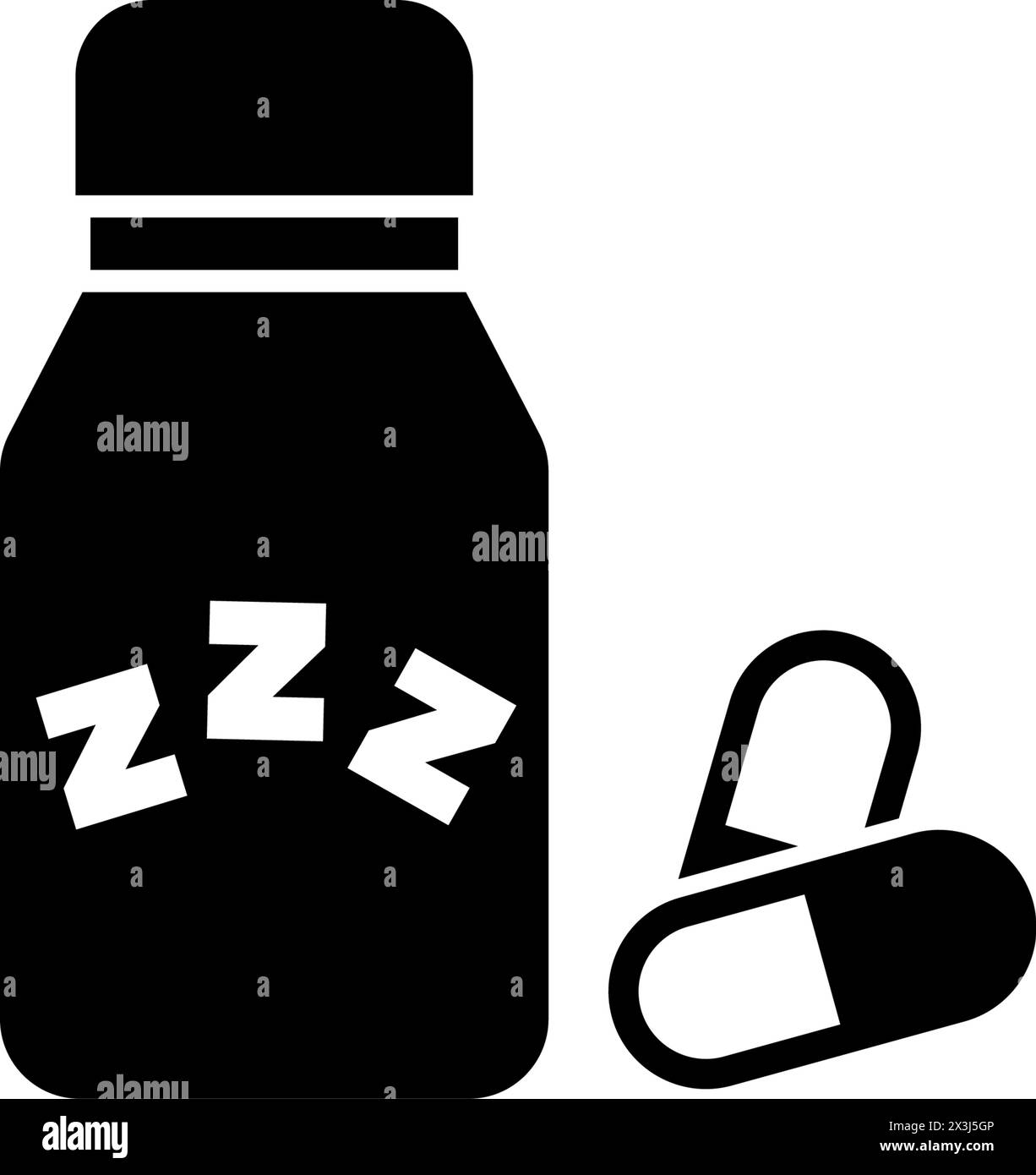 A black and white icon set depicting a sleeping pill bottle and a ...