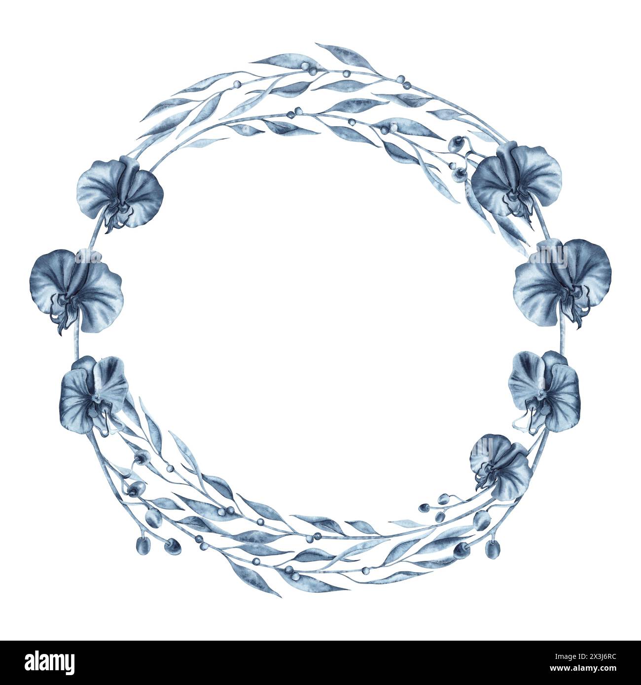 Floral wreath with blue orchid flowers and leaves. Hand drawn ...