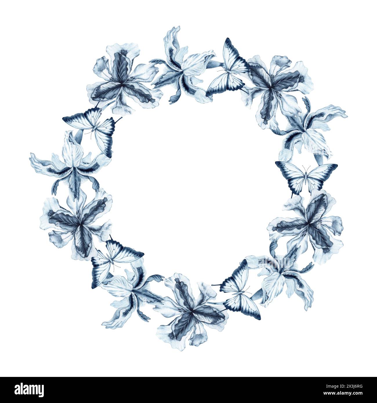 Floral wreath with blue stylish iris flowers. Hand drawn watercolor ...
