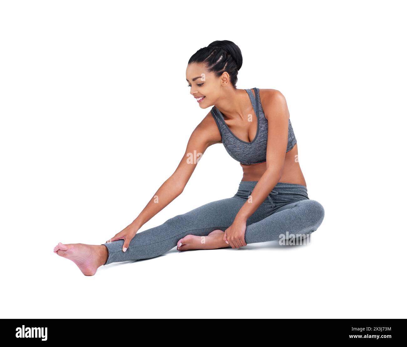 Stretching, legs and woman warm up in studio, white background and ...