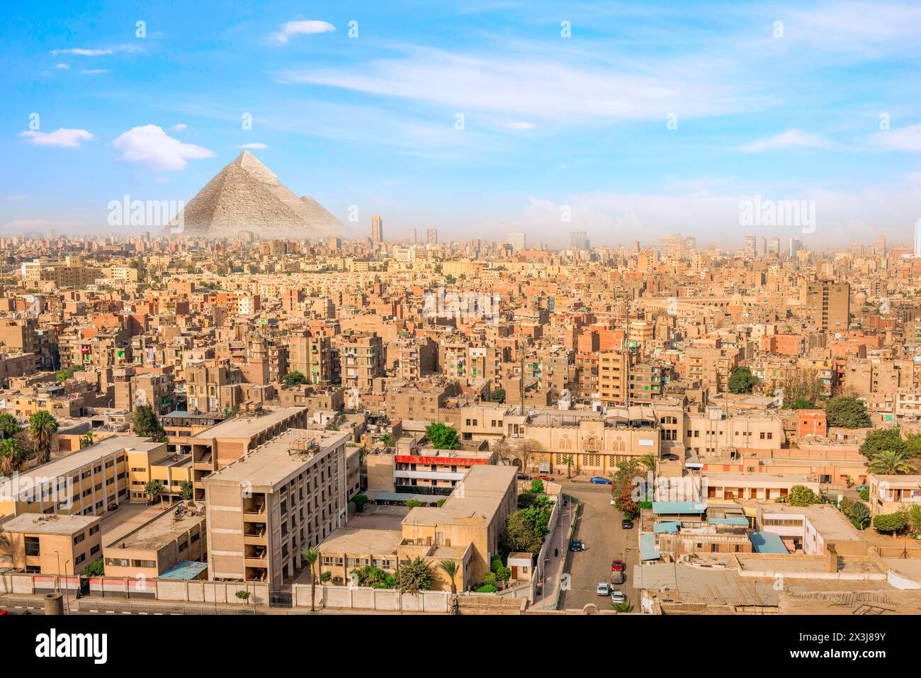 Aerial view of Cairo city with pyramids on a background, Egypt Stock ...