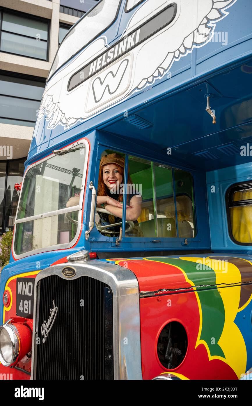 London, UK. 27 April 2024. Model Melanie Bell at the wheel of Paul ...
