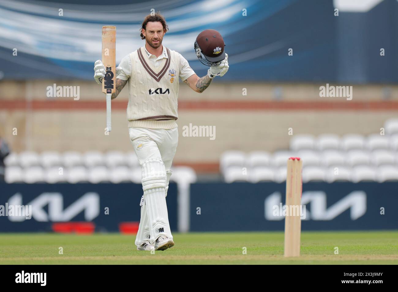 London. 27th Apr 2024. Jordan Clark (16 Surrey) hits 100 not out during ...