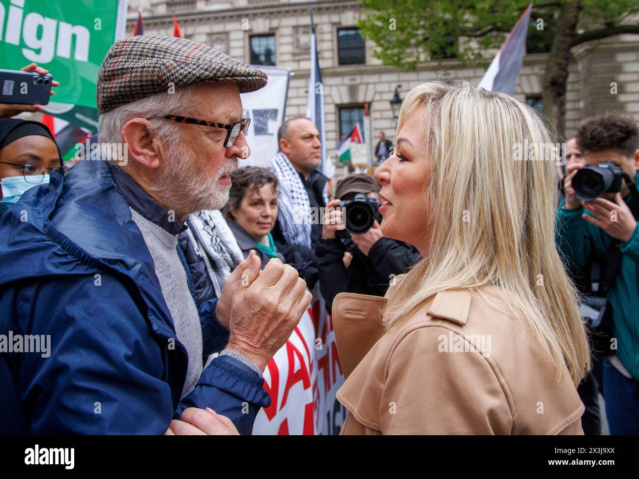 London, UK 27 April 2024 Jeremy Corbyn talks to Michelle OÕNeill ...