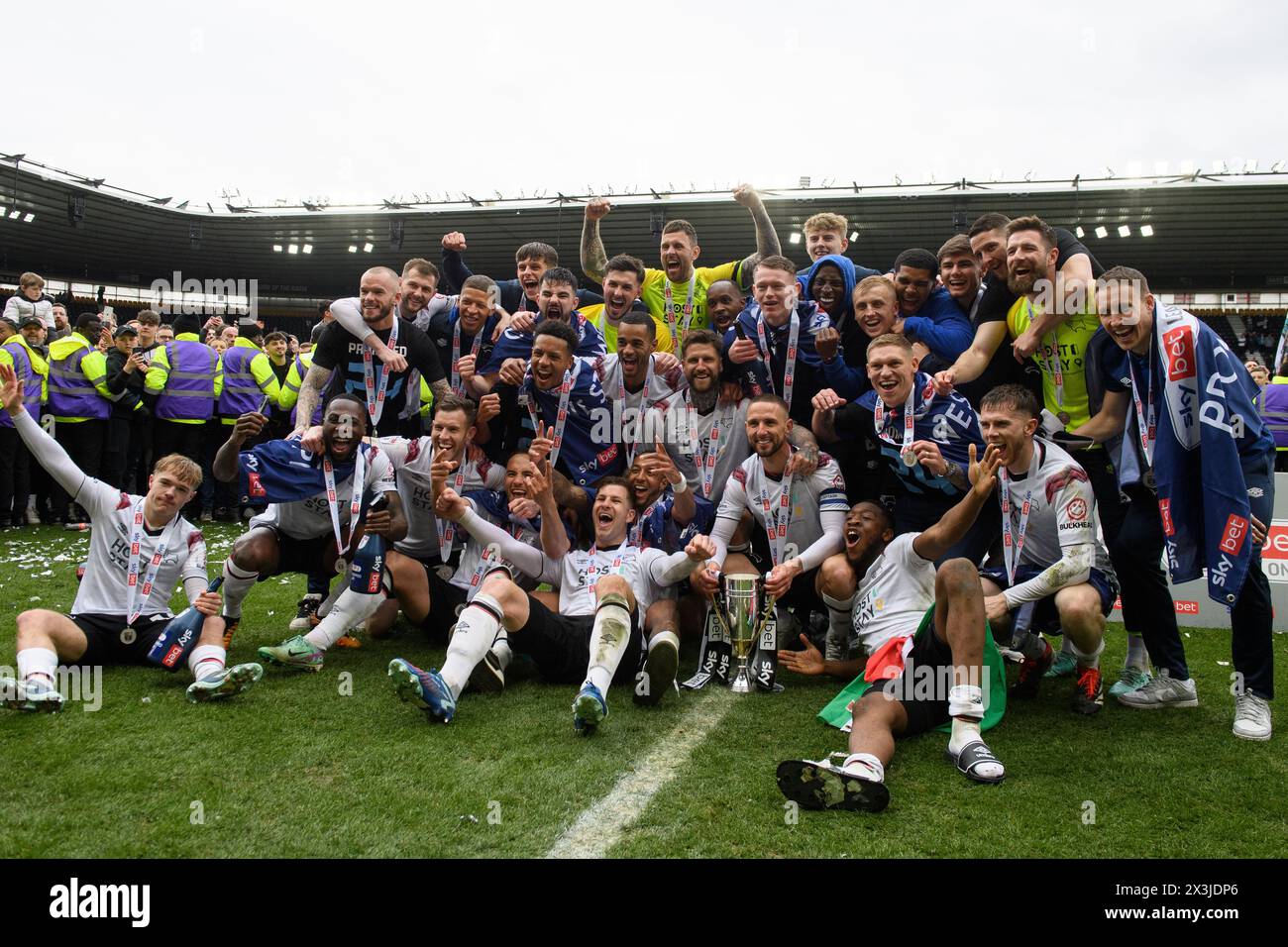 Derby County players celebrates after securing promotion to the EFL ...