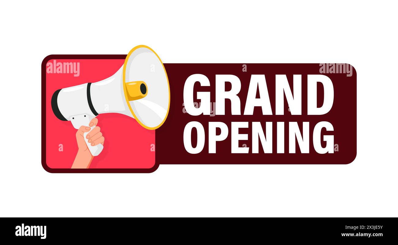 Grand Opening. Hand hold megaphone speaker for announce. Attention ...