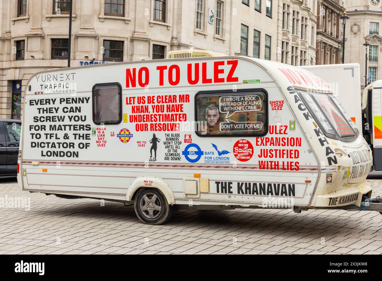 London, UK. 27 APR, 2024. Caravan belonging to Anti ULEZ (Ultra Low ...
