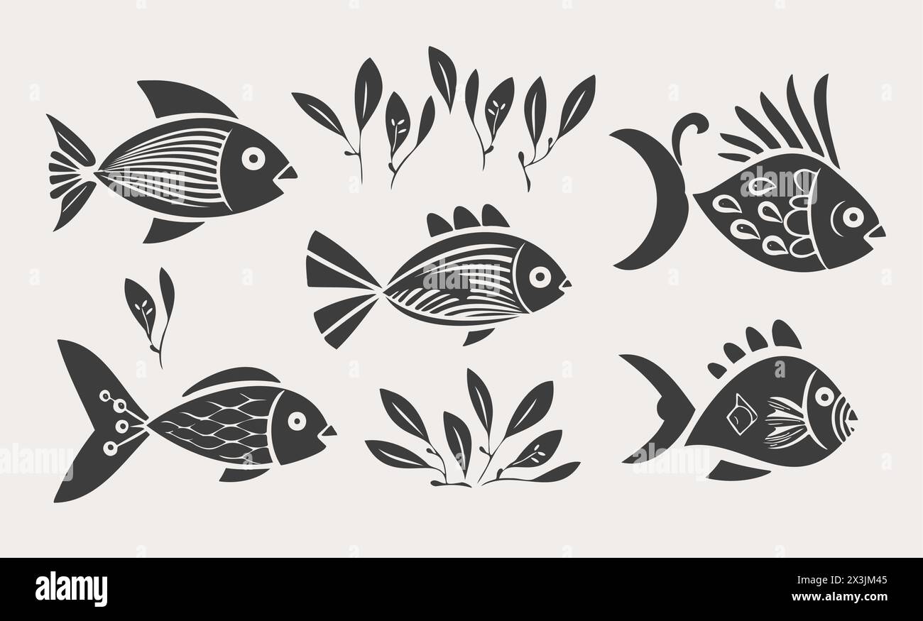 Isolated river fish. Set of freshwater aquarium cartoon silhouettes ...