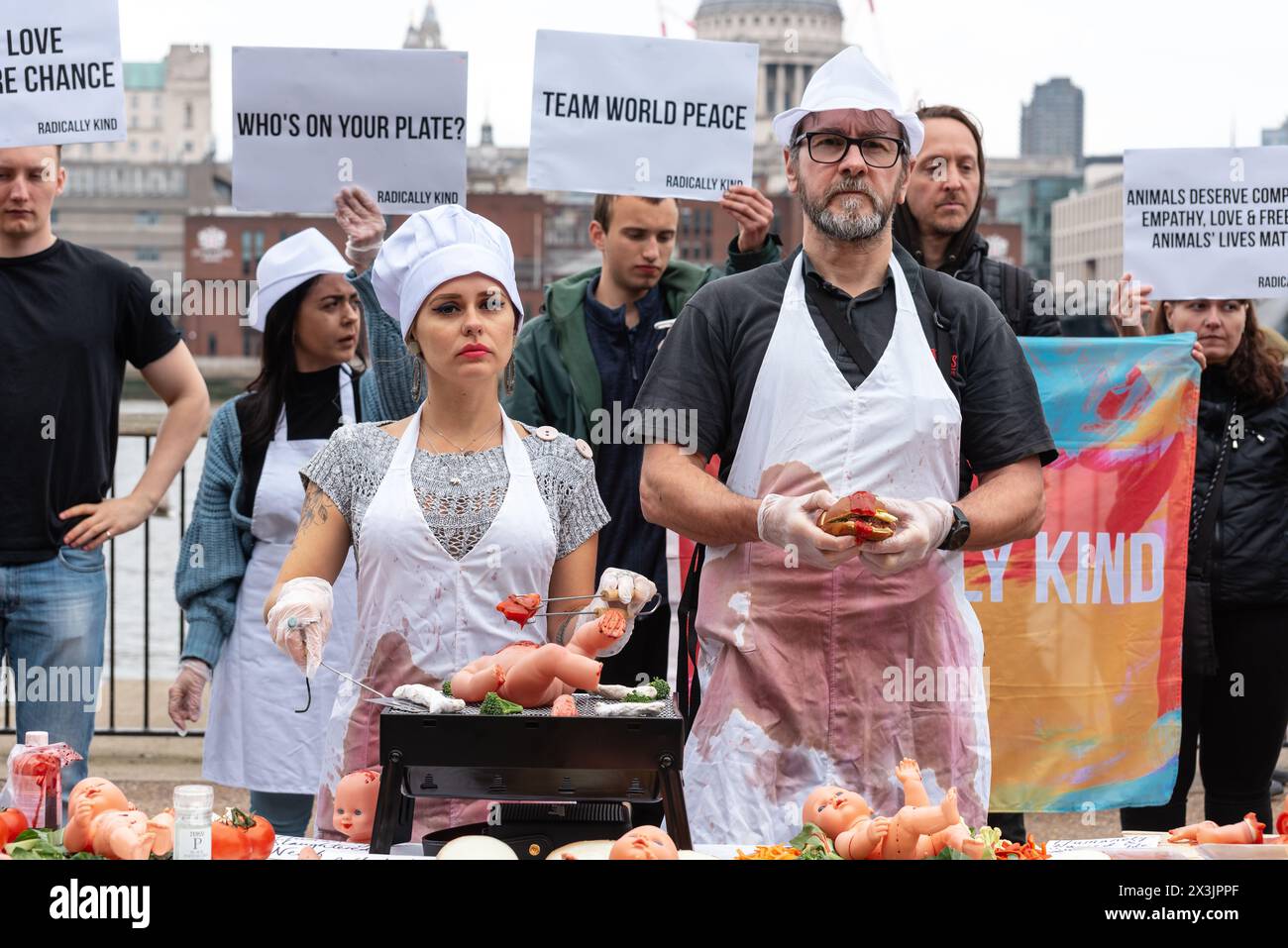 London, UK. 27 April 2024. Vegan activists from Radically Kind stage a ...