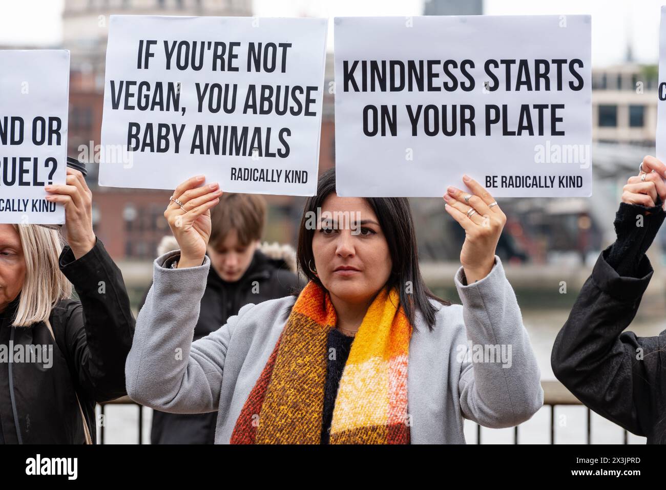 London, UK. 27 April 2024. Vegan activists from Radically Kind stage a ...