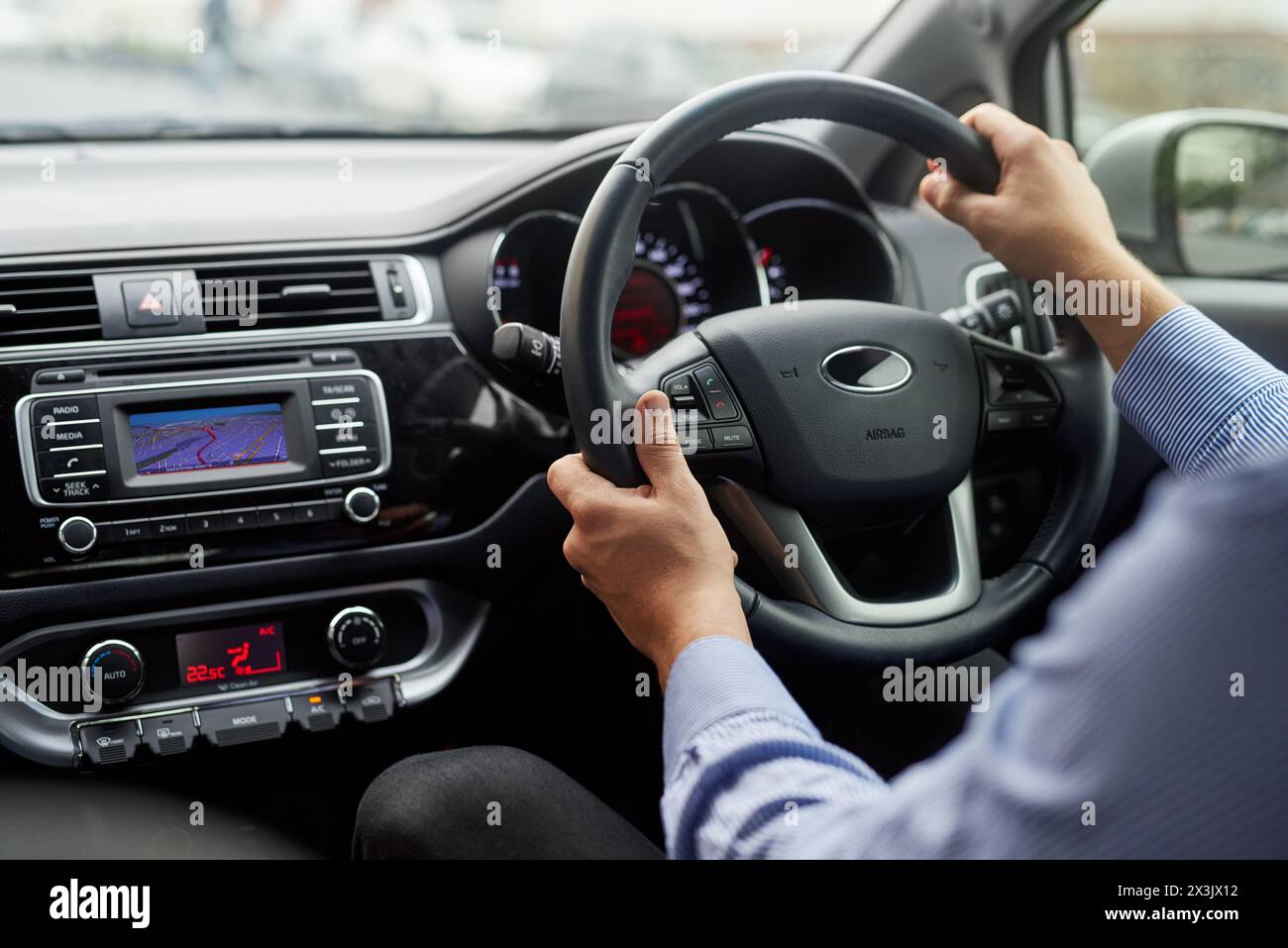 Car, dashboard and steering wheel of motor for driving, travel or ...