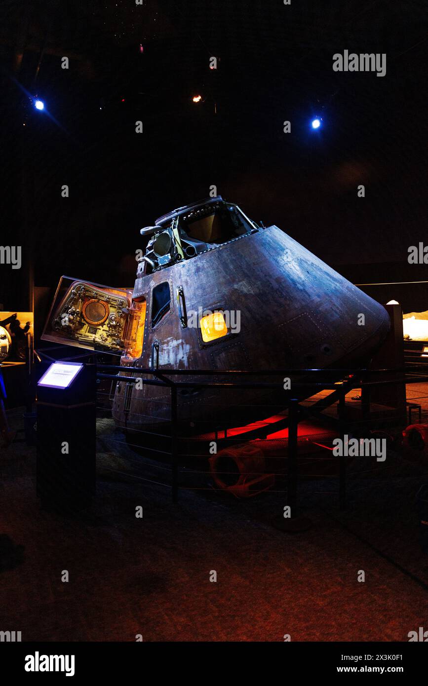 moon lander capsule with blue and red lighting, johnson space center ...