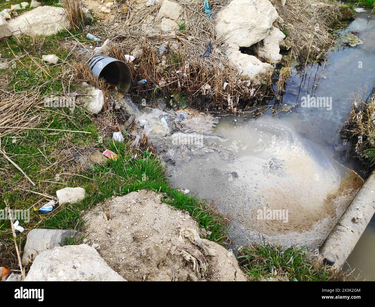 Environmental pollution. A sewage pipe drains toxic wastewater into a ...