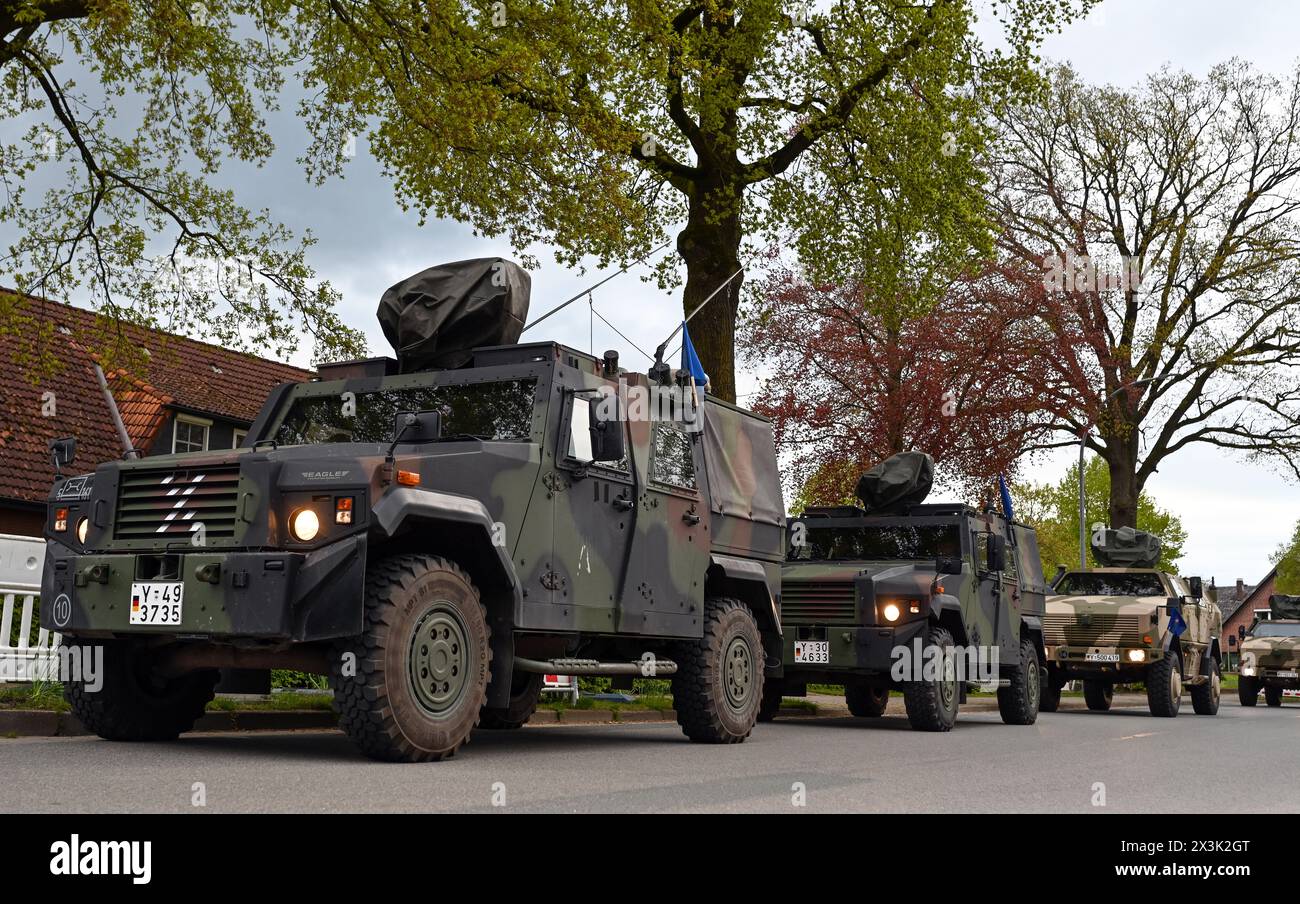 27 April 2024, Lower Saxony, Bremervörde: Emergency vehicles from the ...