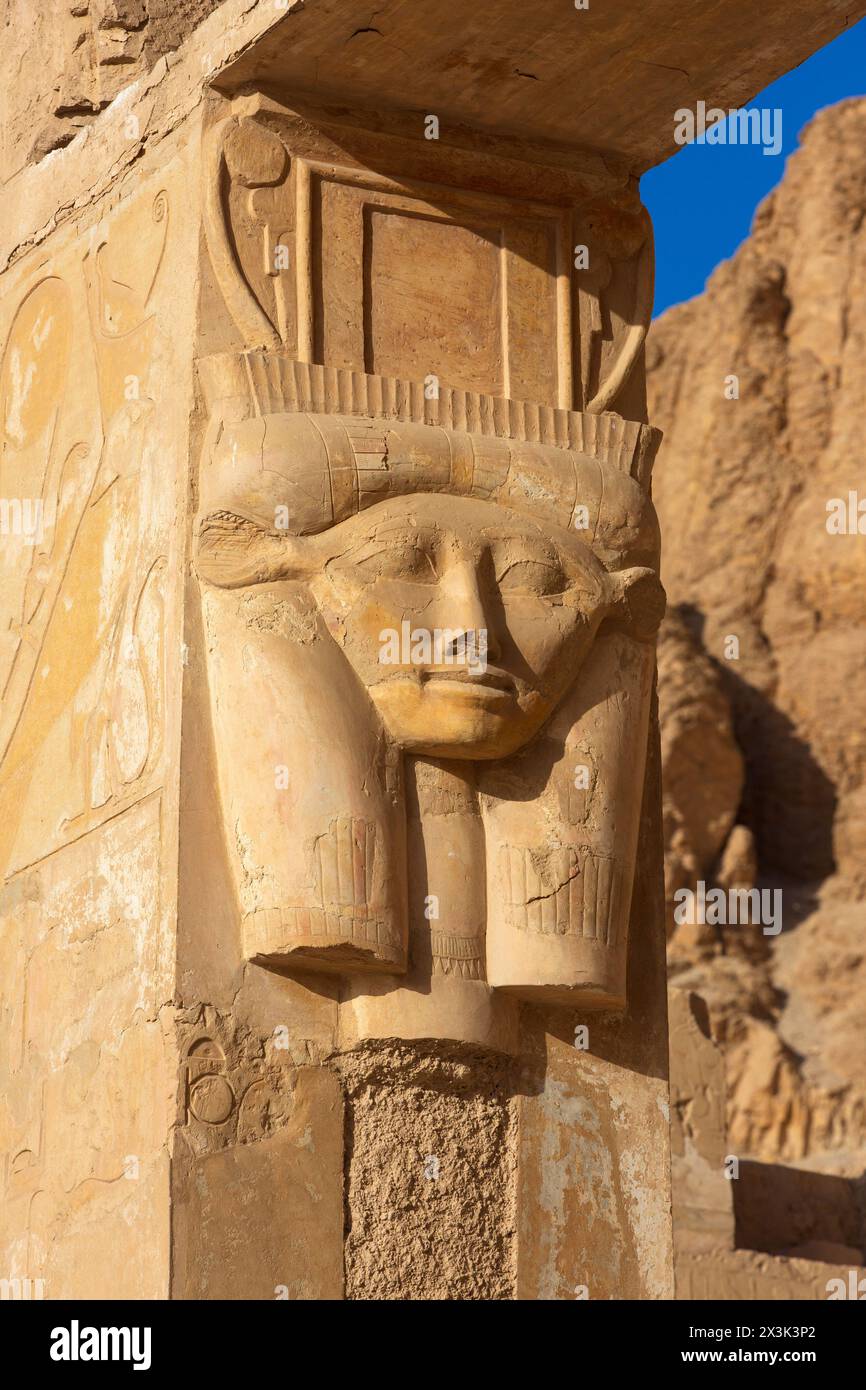A Hathor column inside the Temple of Hathor at the Mortuary Temple of ...