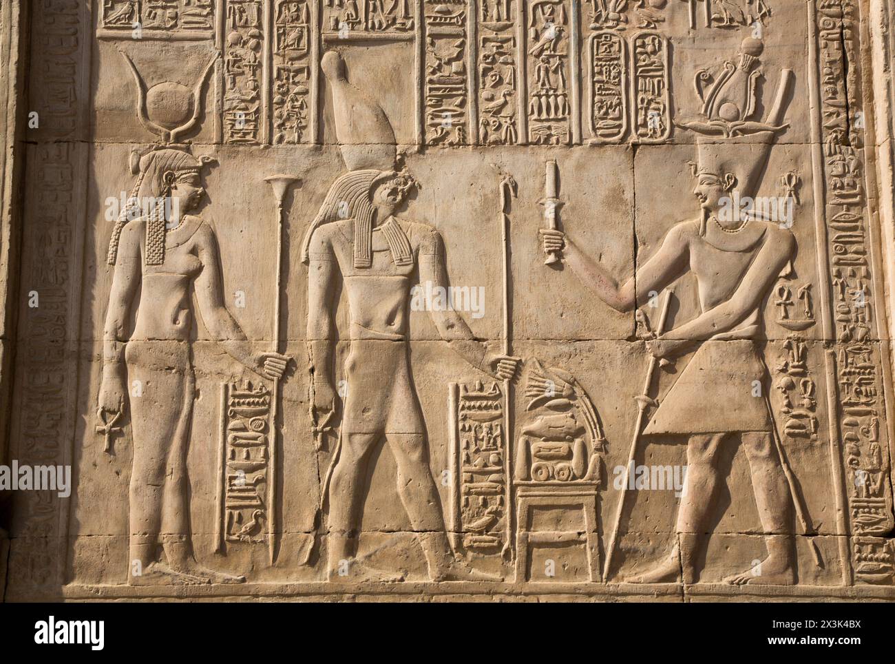 Gods Hathor (L) and Haroeris (C), Pharaoh (R), Wall Reliefs, Temple of ...
