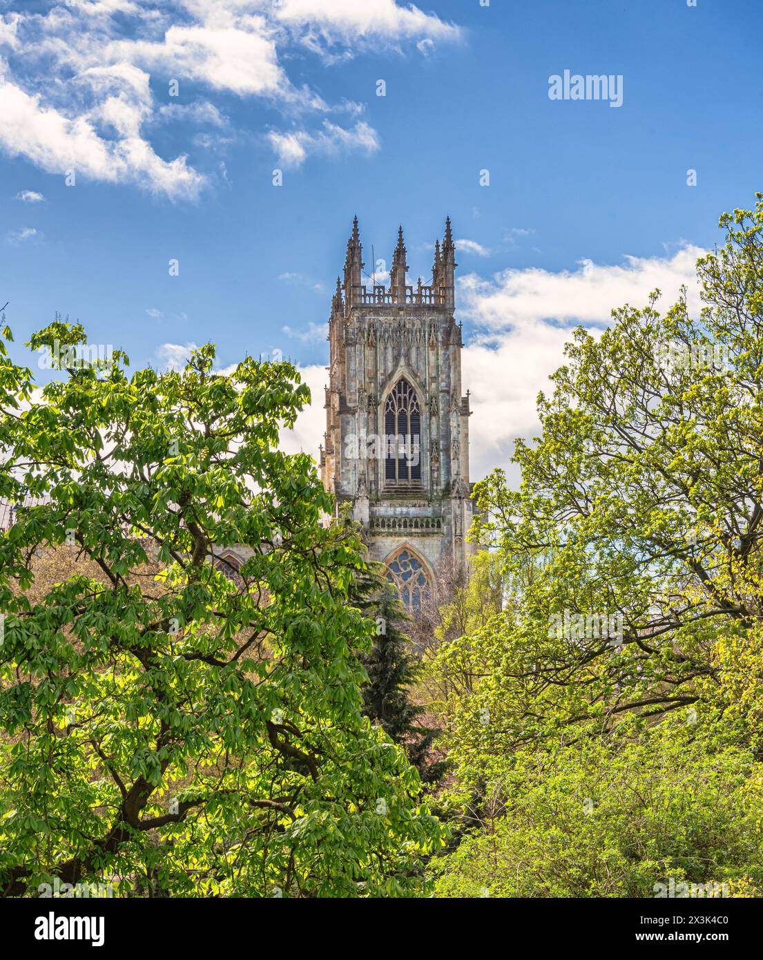 One of the West facing towers of York Minster seen between a gap in ...