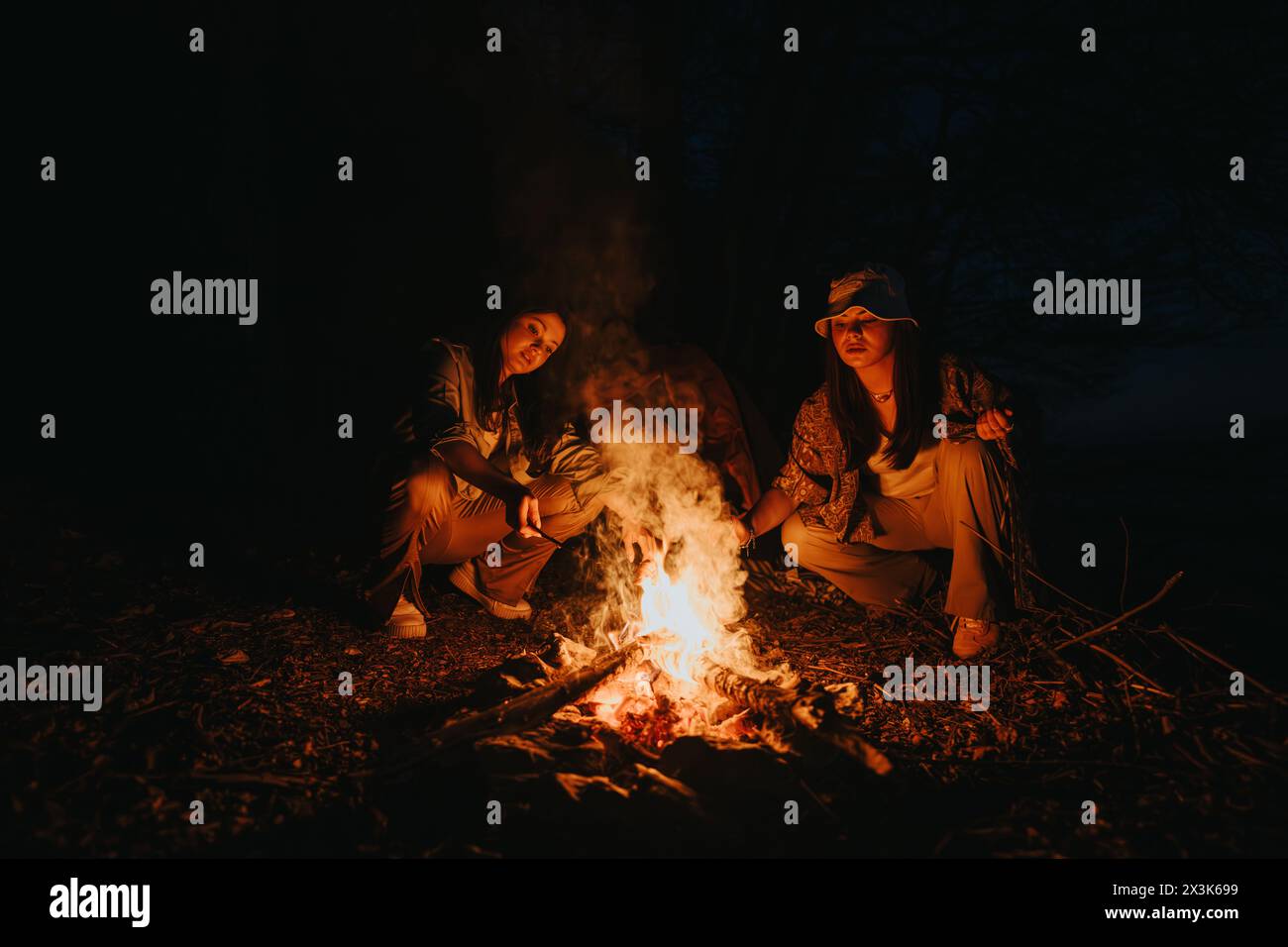 Joyful friends gathered around a campfire at night, enjoying nature and ...