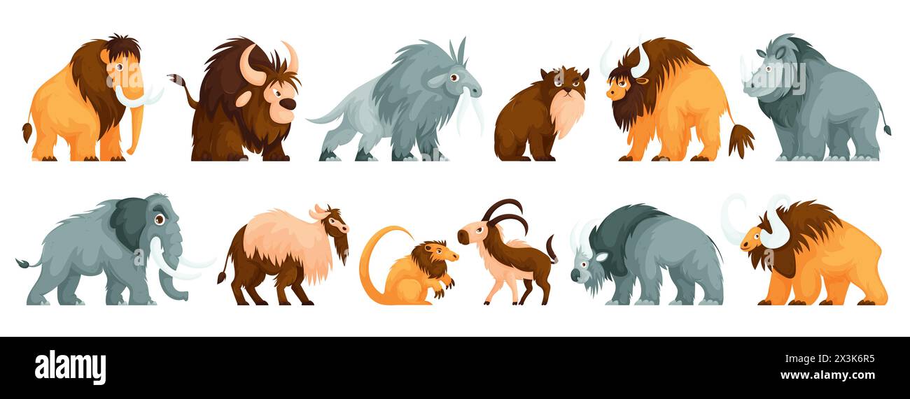 Set of isolated primitive animals, antediluvian beasts of the Stone Age ...