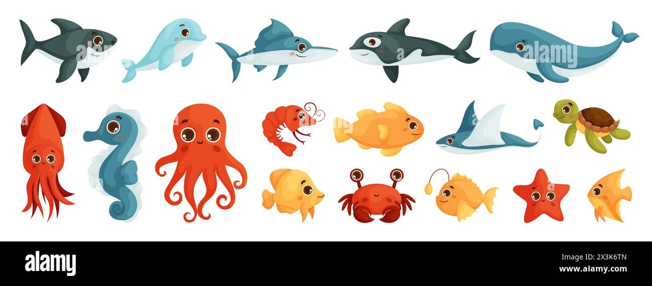 A Set of Sea Animals Stickers. Underwater life. Cute whale, squid ...
