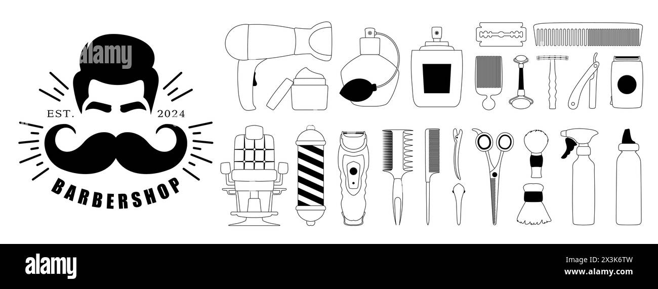 Set Of Black Line Icons Of Elements For Hairdressing Salon Hair