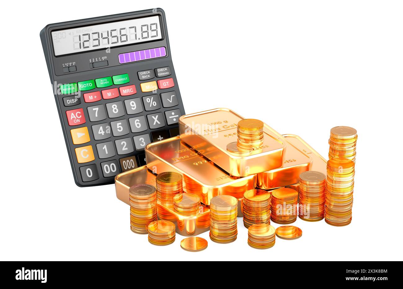 Calculator with golden coins and gold bars, 3D rendering isolated on ...