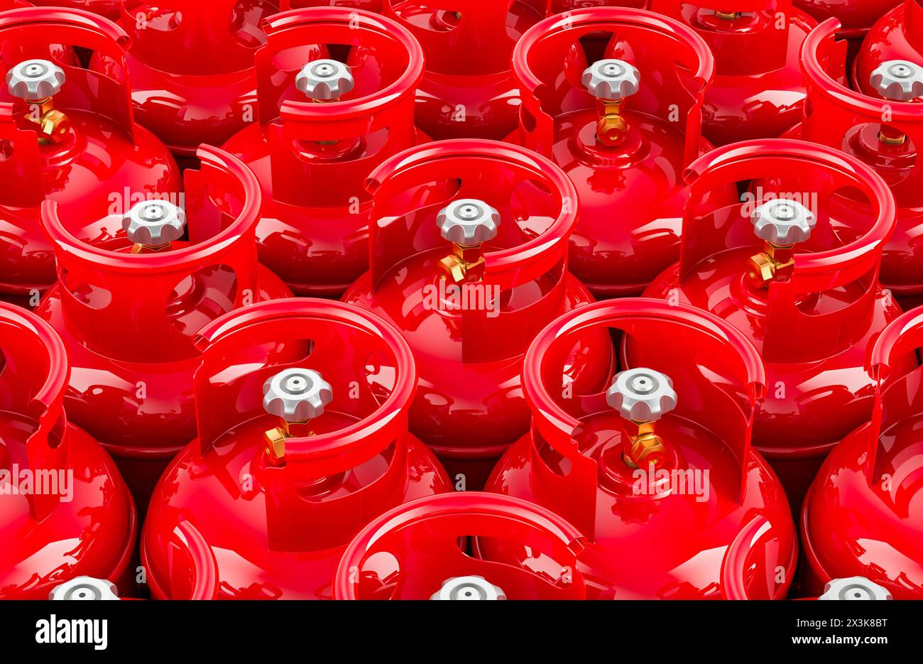Background from red propane cylinders with compressed gas, top view. 3D ...