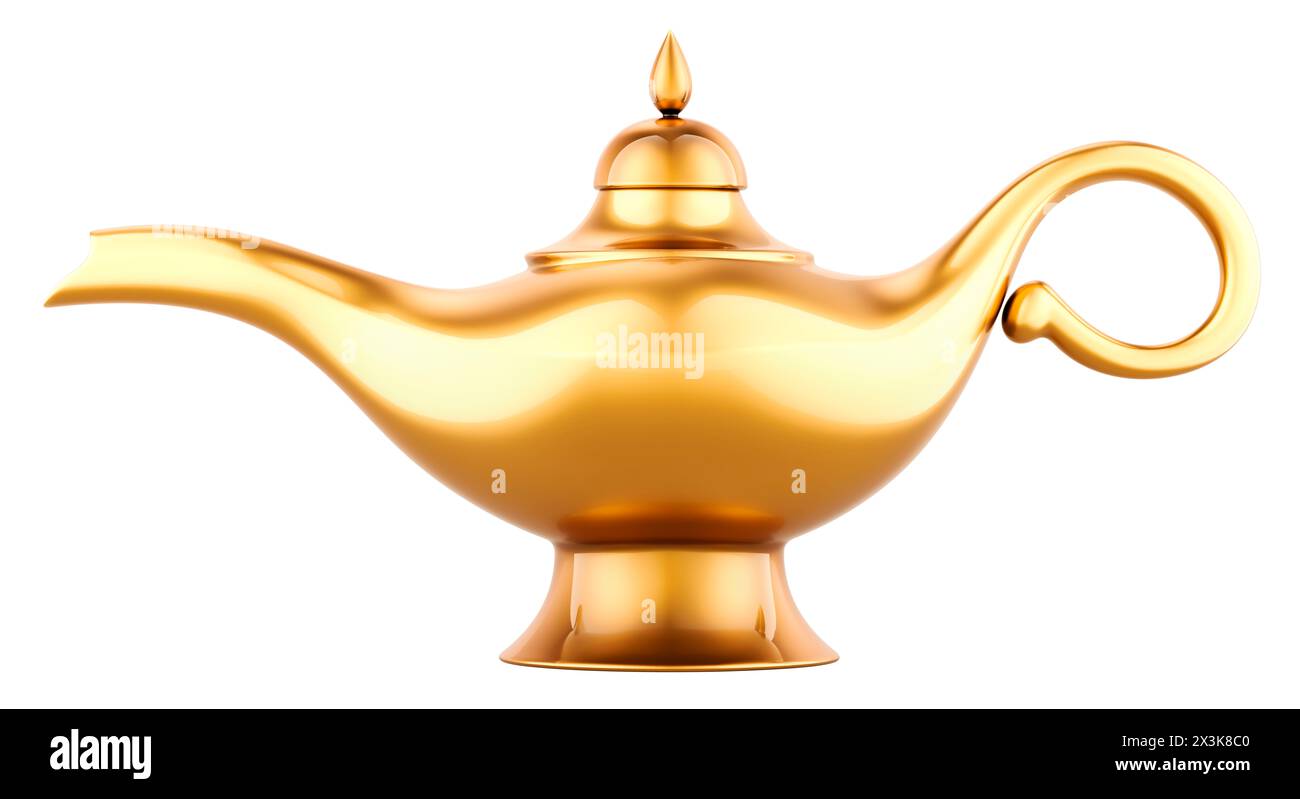 Lamp Aladdin magic. Aladdin genie lamp bottle. 3D rendering isolated on ...