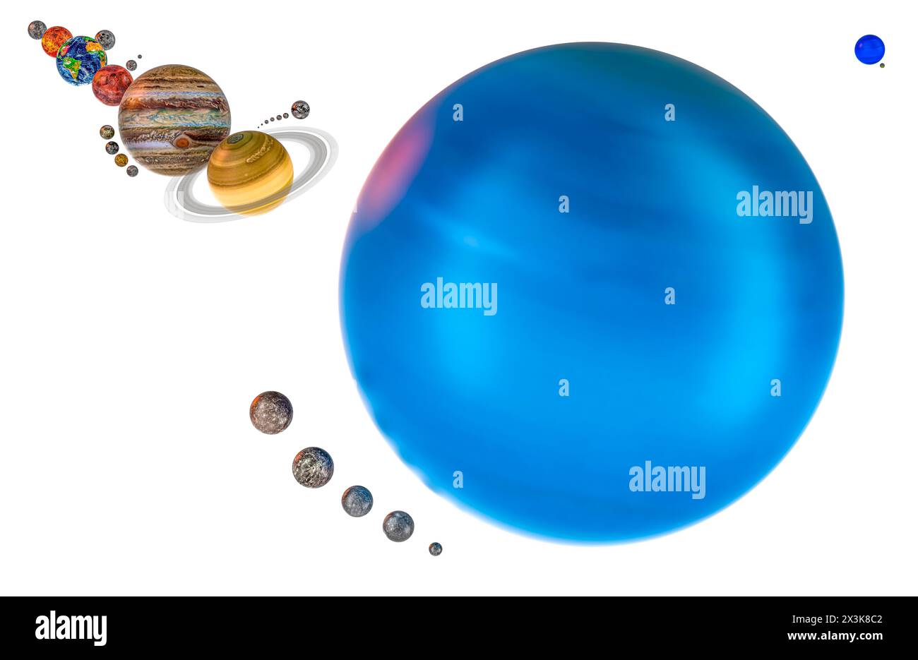Uranus with satellites and solar system, 3D rendering isolated on white ...