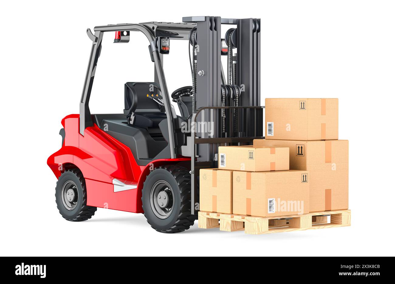 Forklift truck with parcels, cardboard boxes. 3D rendering isolated on white background Stock ...