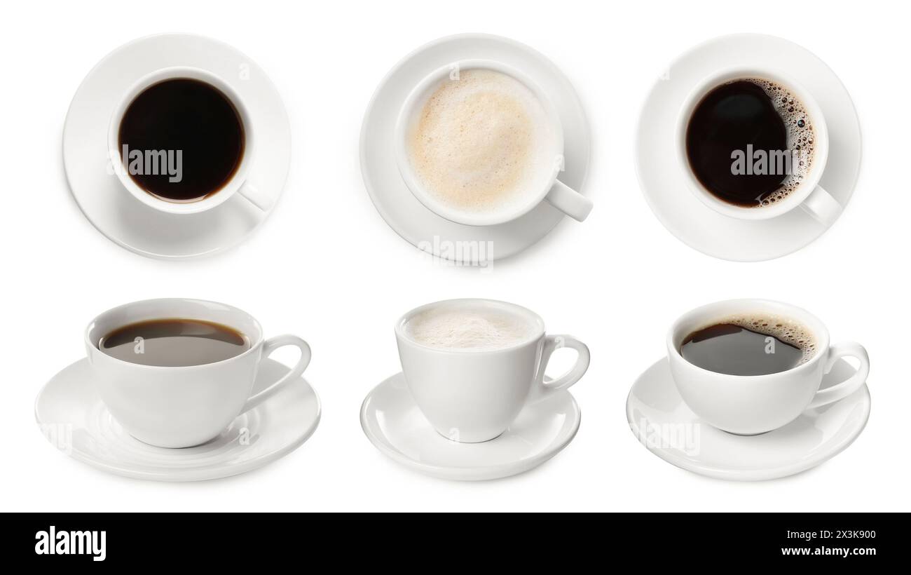 Cups of aromatic coffee isolated on white, top and side views Stock ...