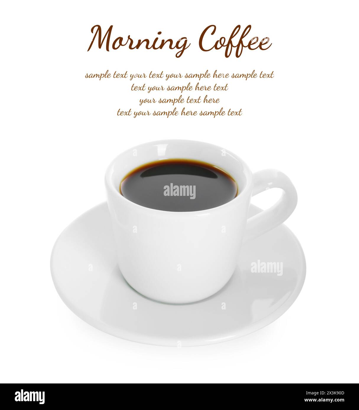 Aromatic coffee in cup and text sample on white background Stock Photo ...