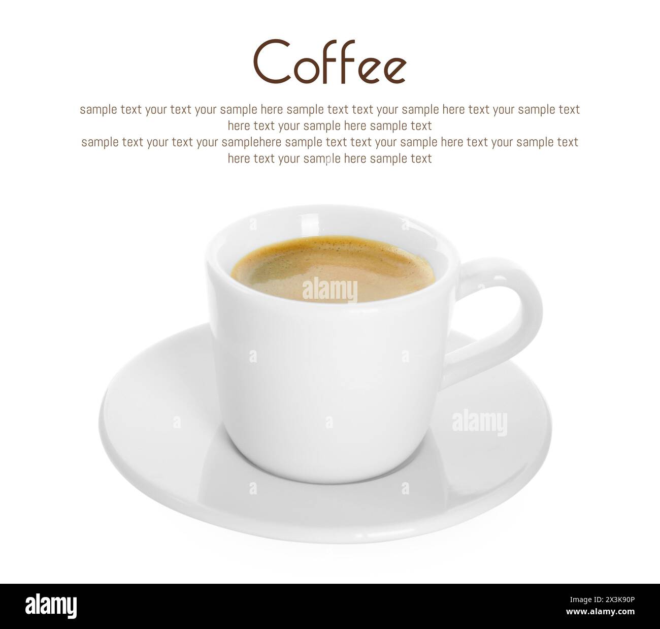 Aromatic coffee in cup and text sample on white background Stock Photo ...